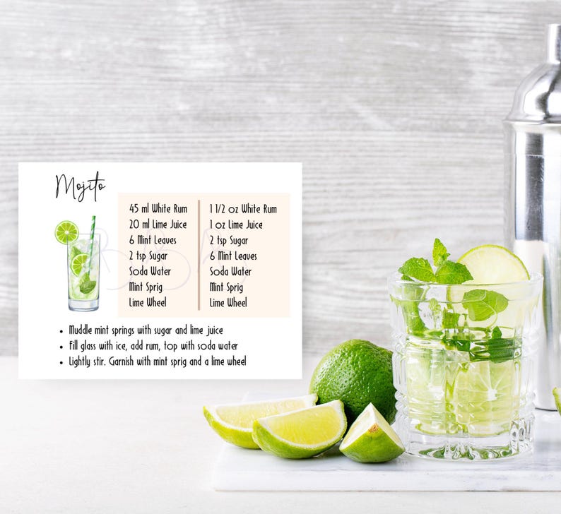 Mojito Recipe Card for Bachelorette Party Favor, Bar Cart Decor, or ...