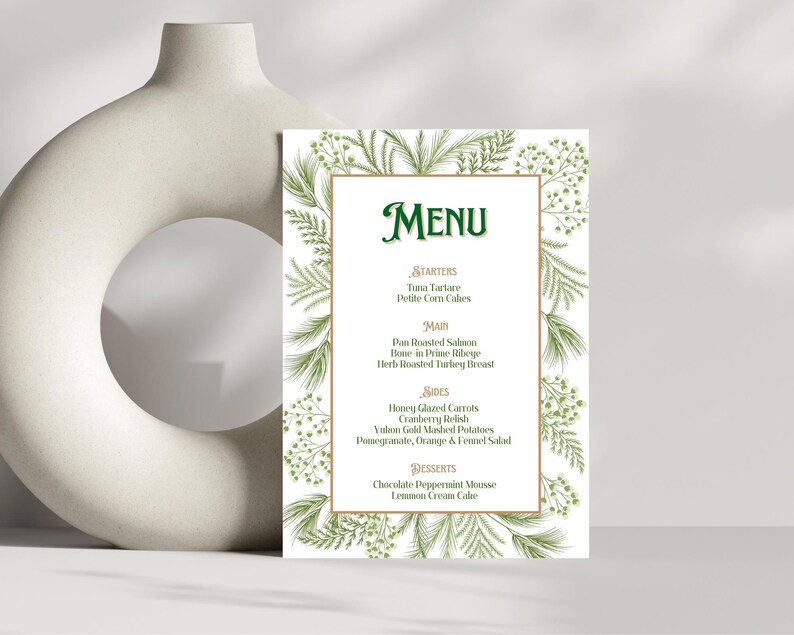 Christmas Menu Template for Dinner Party With Elegant Foliage Editable ...
