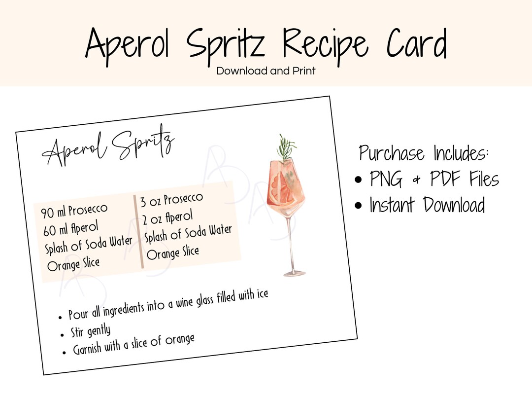 Aperol Spritz Recipe Card for Bachelorette Gift Basket, Bar Cart ...