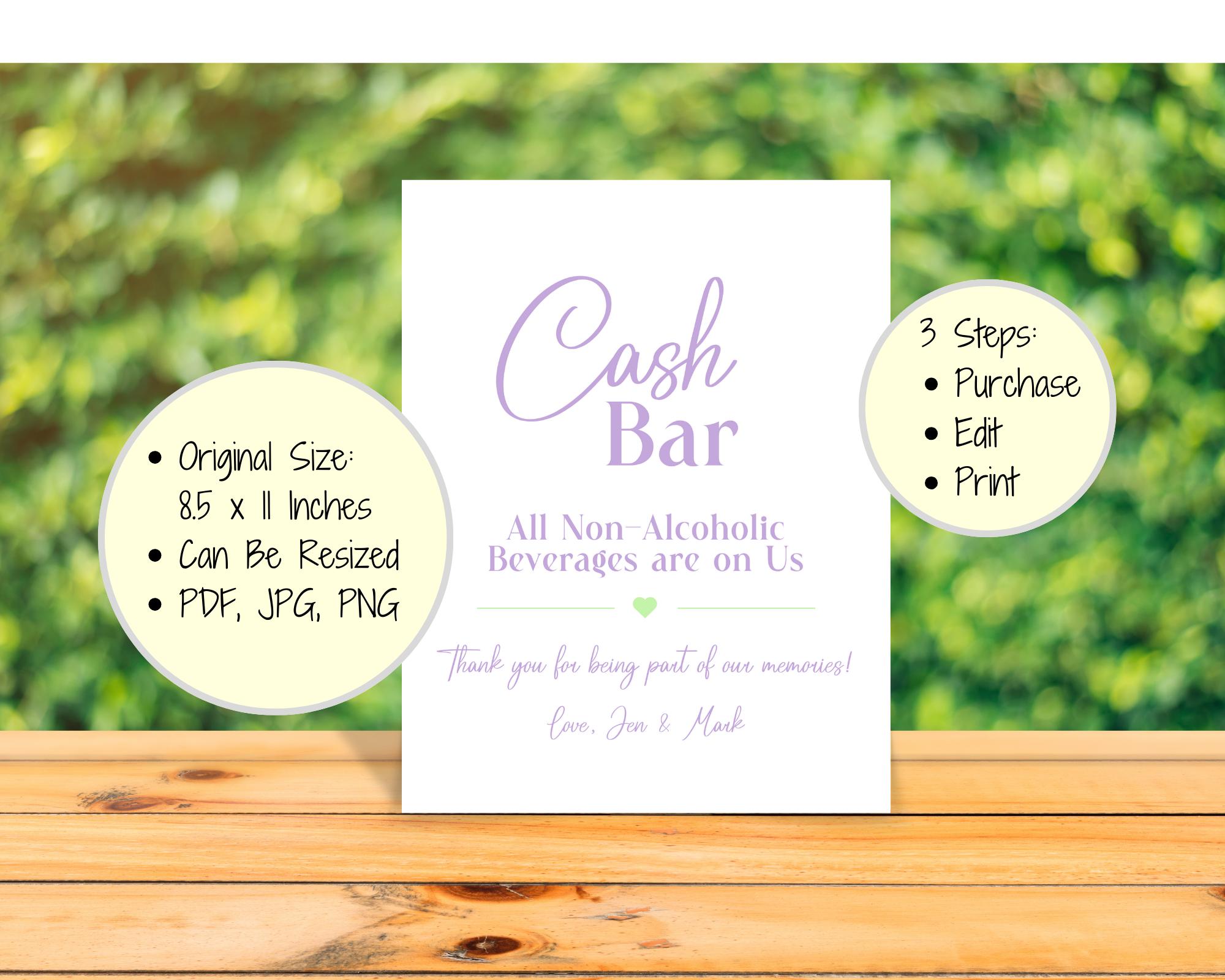 Editable Template Cash Bar Sign for Wedding, Anniversary or Other ...