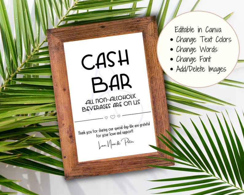 Cash Bar Sign Template for Wedding Reception or Other Celebration in ...