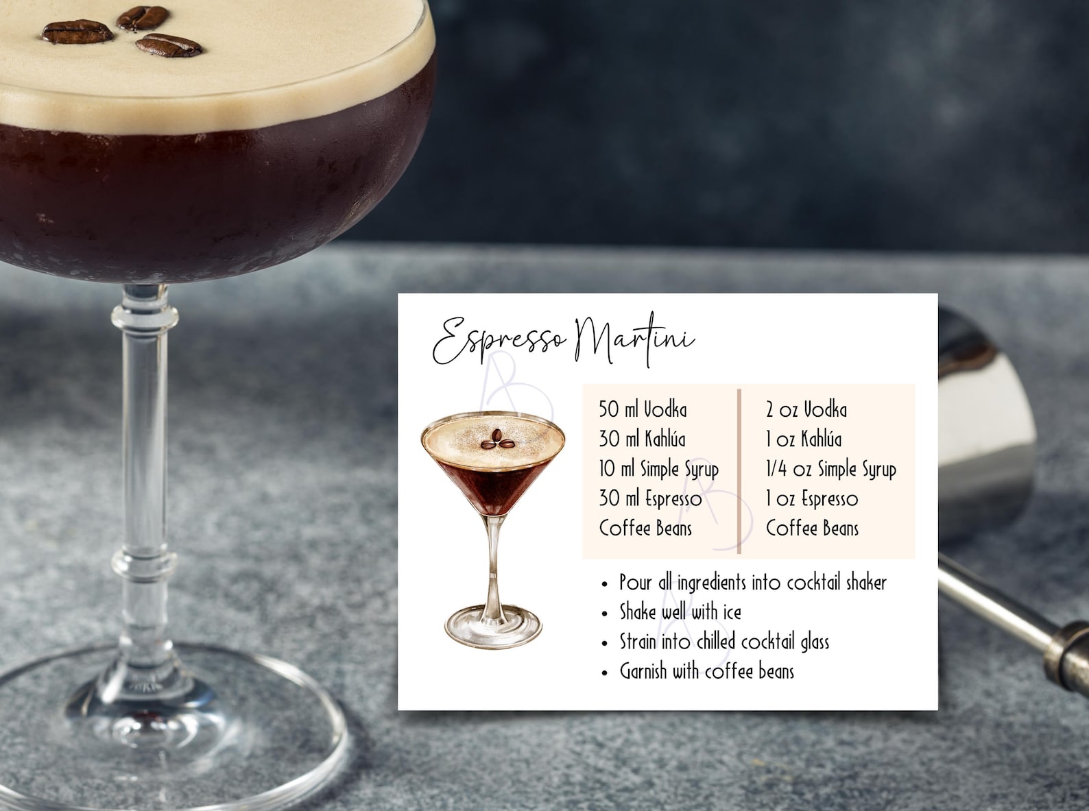 Espresso Martini Recipe Card for Bachelorette Gift, Bar Cart Accessory ...