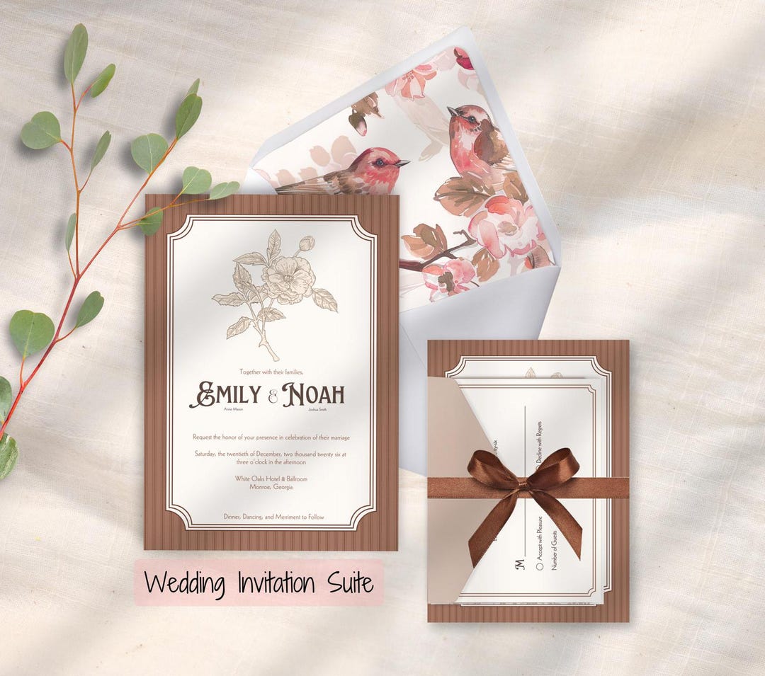 Hand Drawn Floral Wedding Invitation Suite- Mocha Brown W/ Rehearsal ...