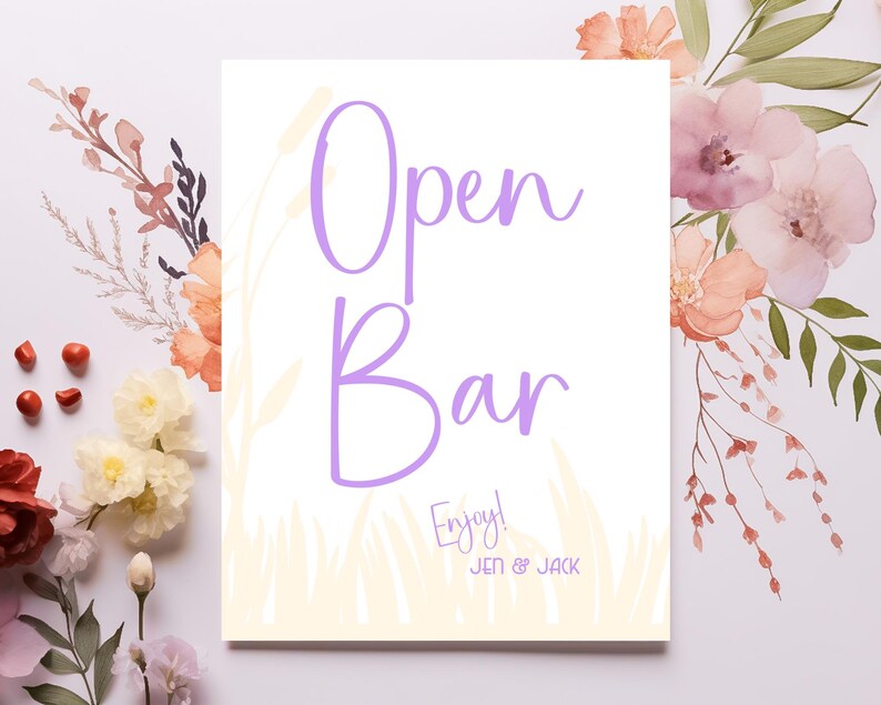 Customizable Open Bar Sign Template for Wedding Reception With Grass ...