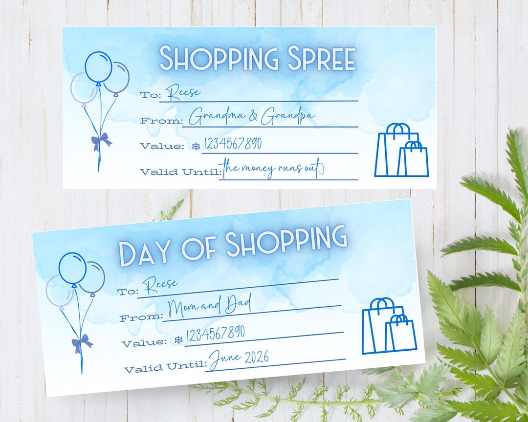 Template Shopping Spree Gift Certificate for Birthday Present in Blue ...