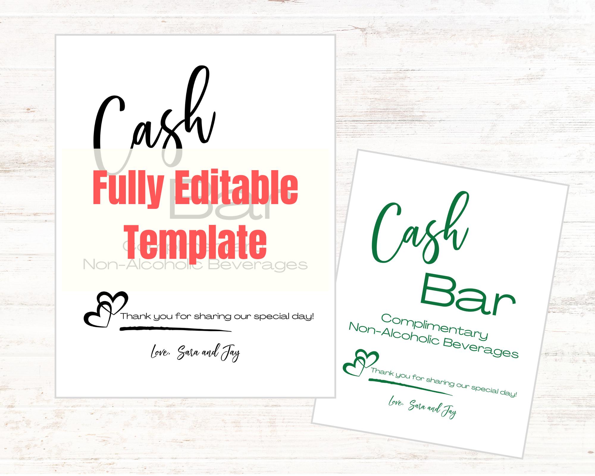 Editable Cash Bar Sign Template for Wedding or Anniversary Celebration ...