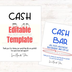 Cash Bar Sign Template for Wedding Reception or Other Celebration in ...
