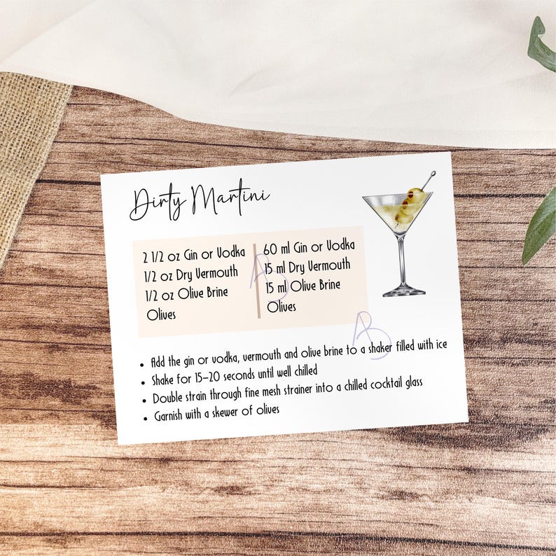 Dirty Martini Recipe Card for Bachelor Gift, Birthday Gift, Bar Cart ...