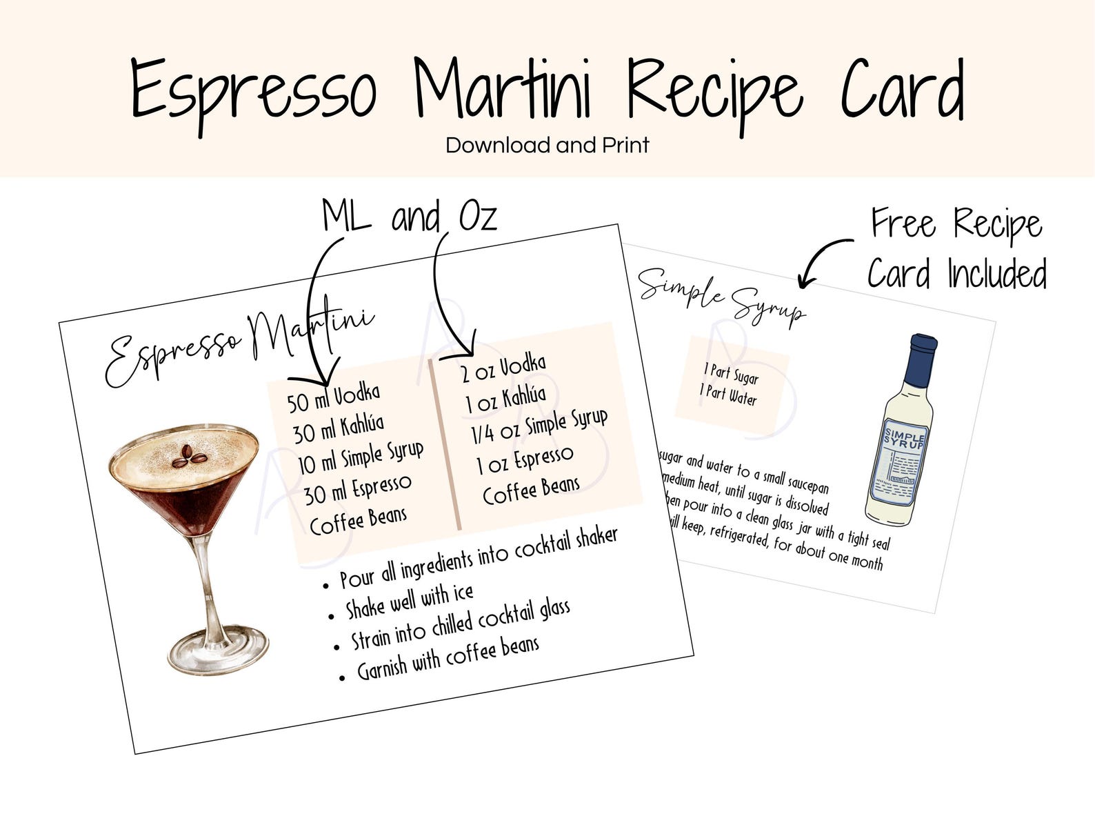 Espresso Martini Recipe Card for Bachelorette Party Favor, Bar Cart Art ...