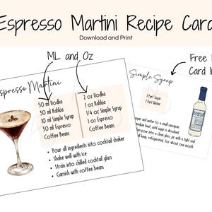 Espresso Martini Recipe Card for Bachelorette Party Favor, Bar Cart Art ...