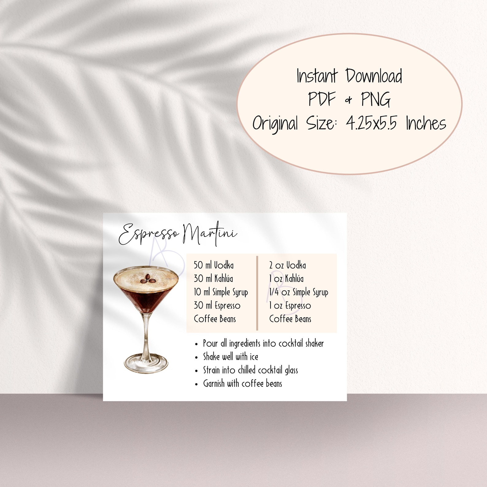 Espresso Martini Recipe Card for Bachelorette Party Favor, Bar Cart Art ...