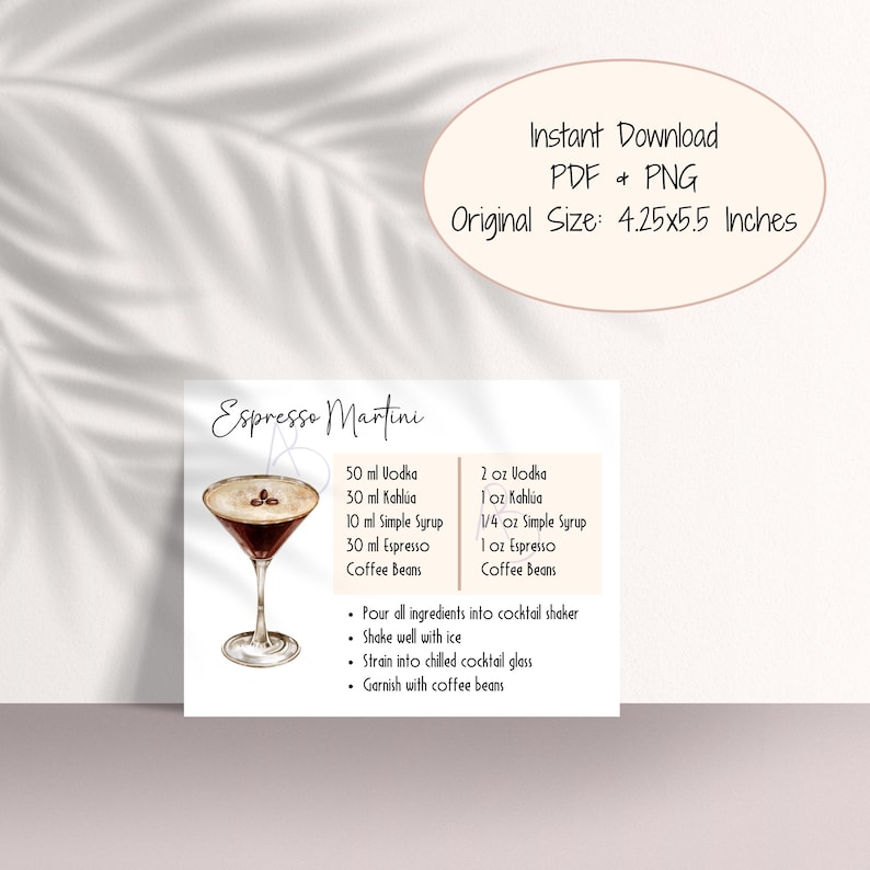 Espresso Martini Recipe Card for Bachelorette Party Favor, Bar Cart Art ...
