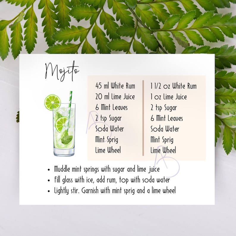 Mojito Recipe Card for Bachelorette Party Favor, Bar Cart Decor, or ...