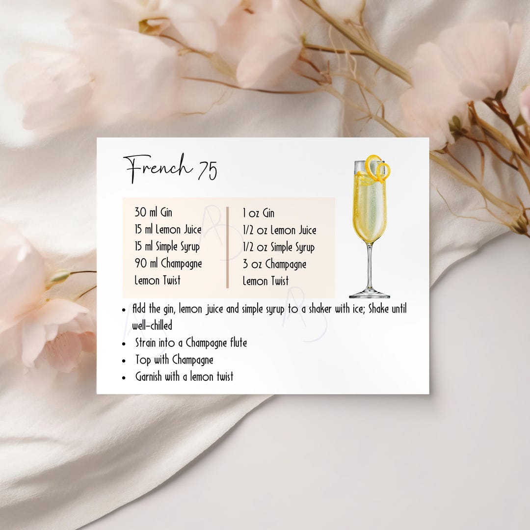 French 75 Cocktail Recipe Card for Bachelorette Party Favor, Cocktail ...