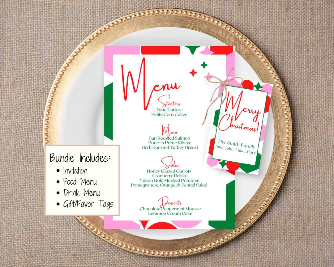 Modern Christmas Menu Template Party Bundle W/ Invitation, Gift Tags ...