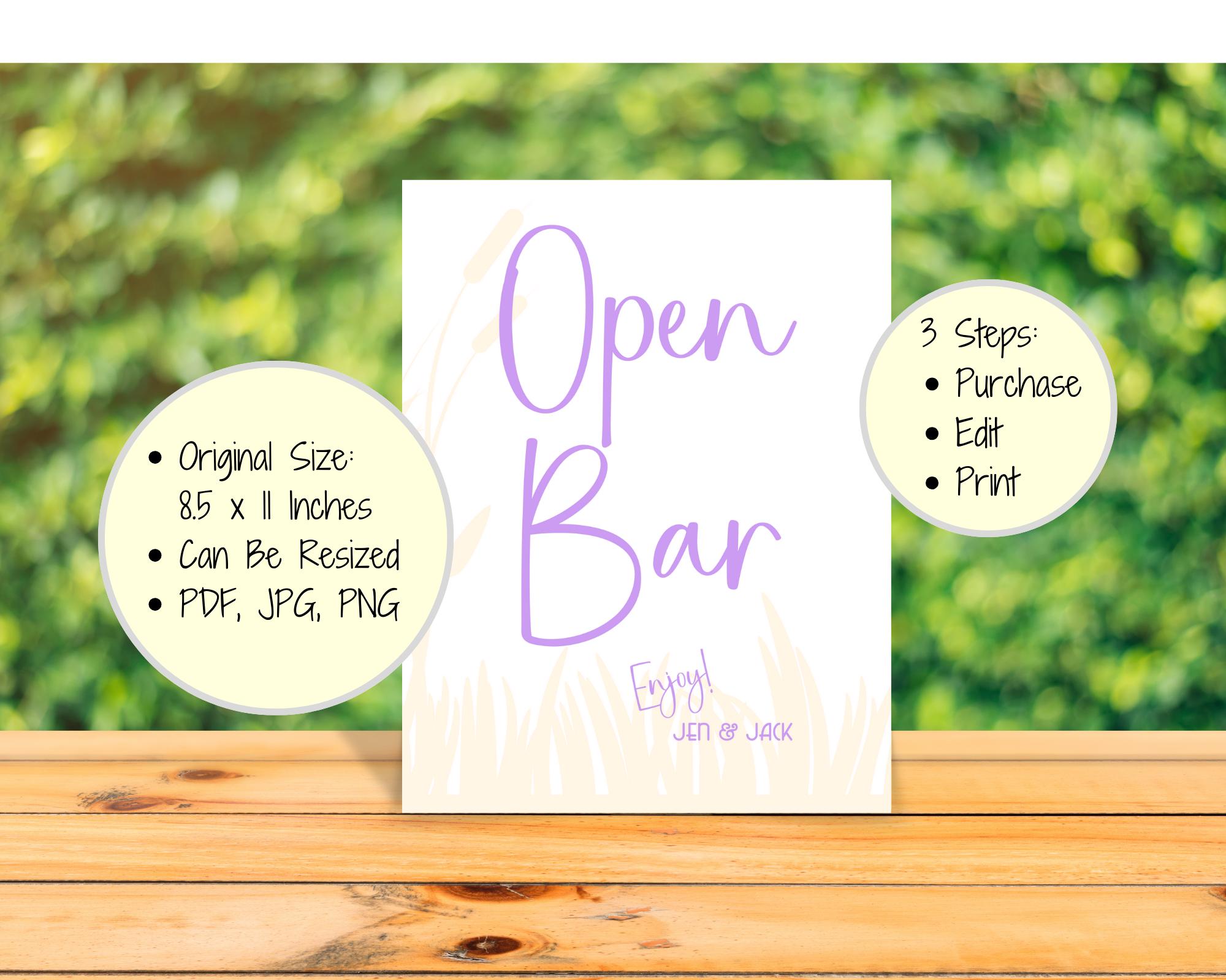 Customizable Open Bar Sign Template for Wedding Reception With Grass ...