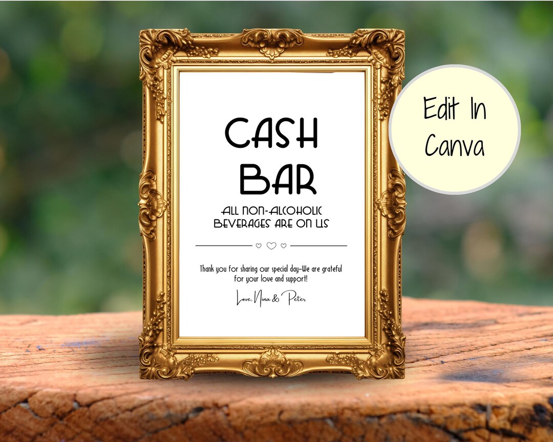 Cash Bar Sign Template for Wedding Reception or Other Celebration in ...