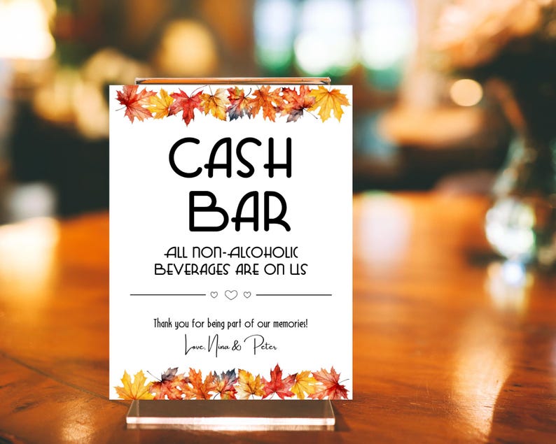 Editable Fall Cash Bar Sign Template for Wedding, Anniversary or Other ...