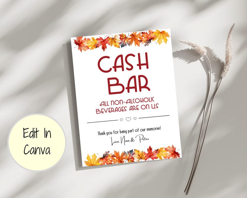 Editable Fall Cash Bar Sign Template for Wedding, Anniversary or Other ...