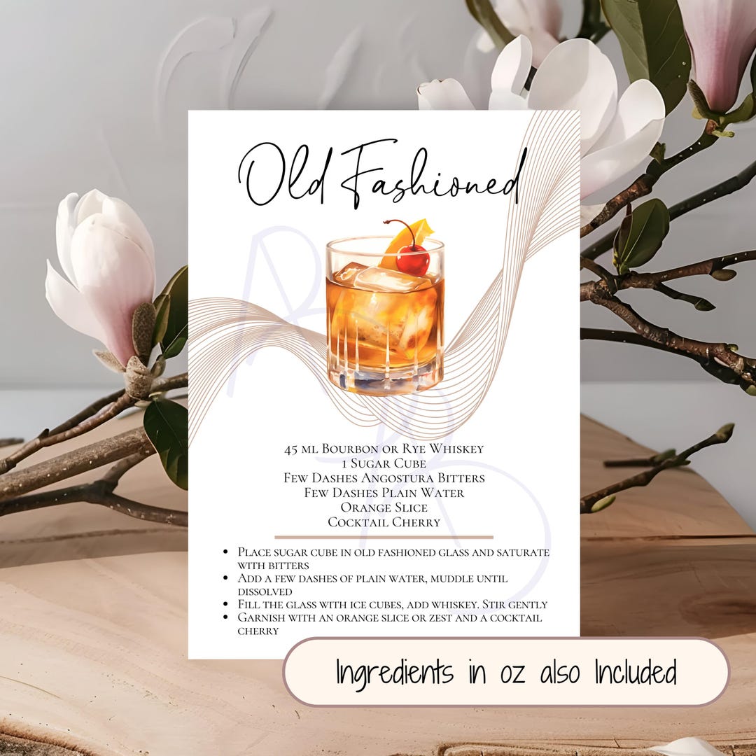 Old Fashioned Print Cocktail Recipe Card For Bar Cart Art