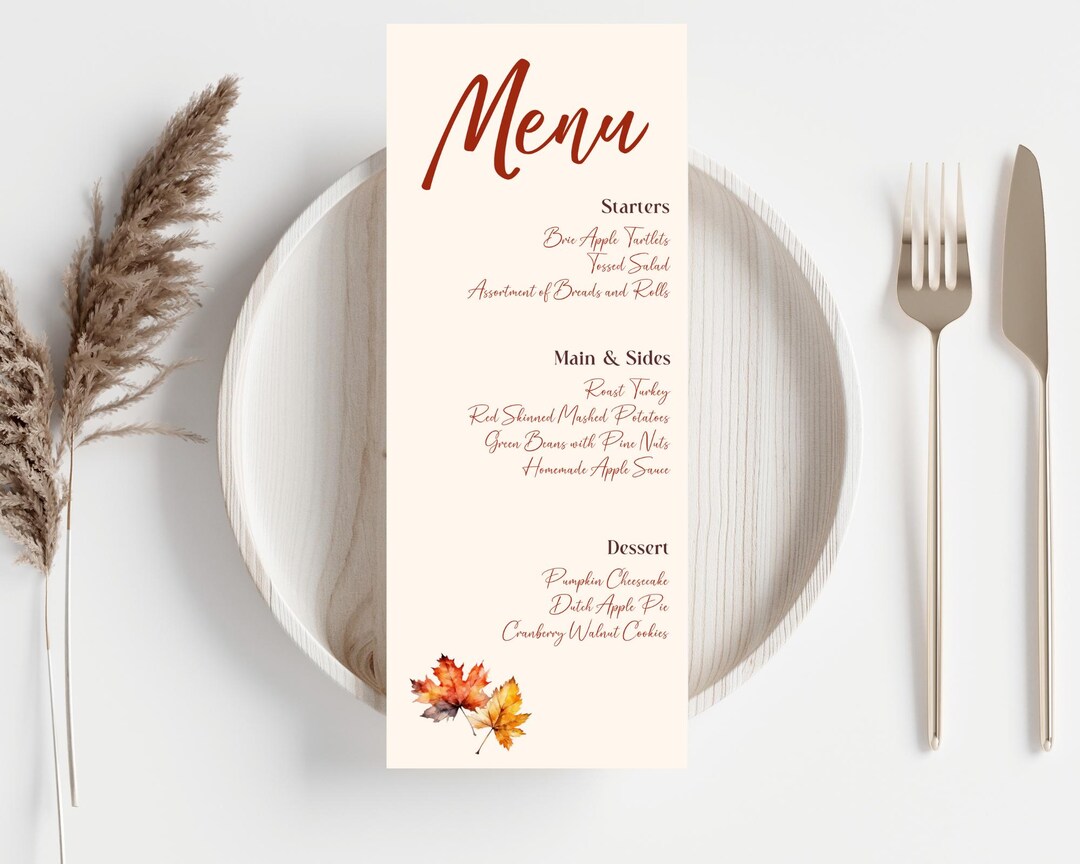 Fall Menu Template for Thanksgiving, Wedding or Other Dinner Party With ...