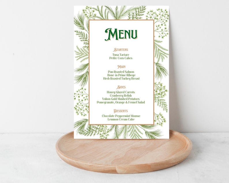 Christmas Menu Template for Dinner Party With Elegant Foliage Editable ...