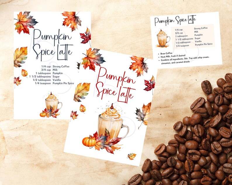 Pumpkin Spice Latte Recipe and PSL Prints for Fall Coffee Bar Decor, 3 ...