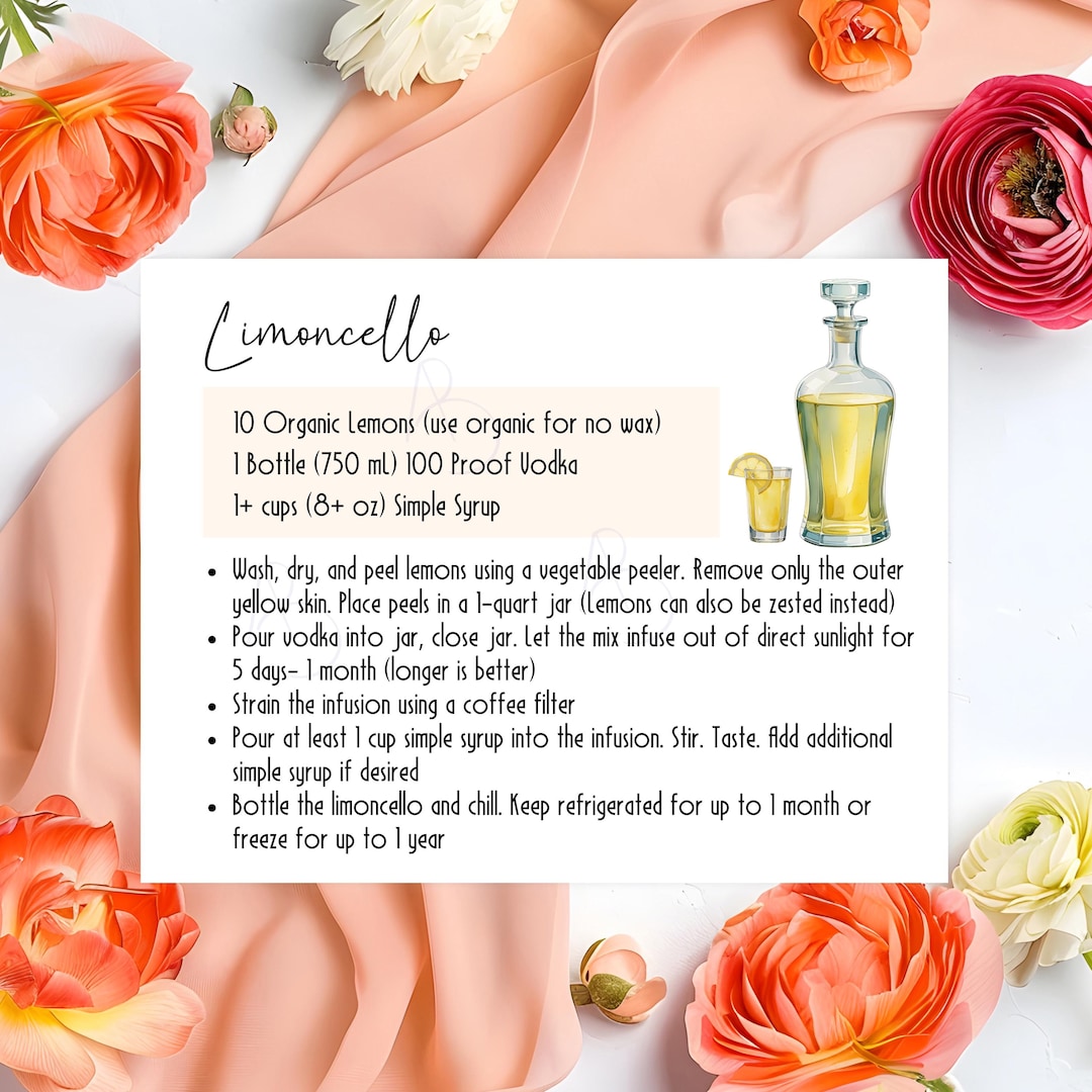 Limoncello Cocktail Recipe Card for Lemon Bridal Shower, Bachelorette ...