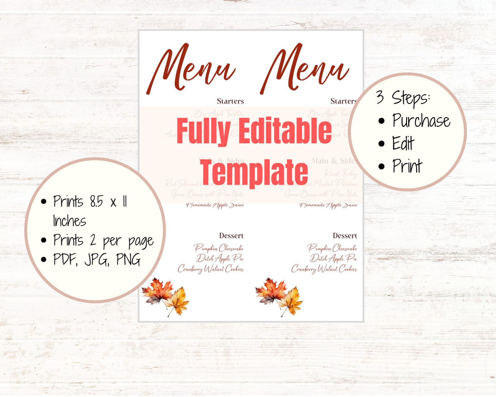 Fall Menu Template for Thanksgiving, Wedding or Other Dinner Party With ...