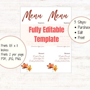 Fall Menu Template for Thanksgiving, Wedding or Other Dinner Party With ...