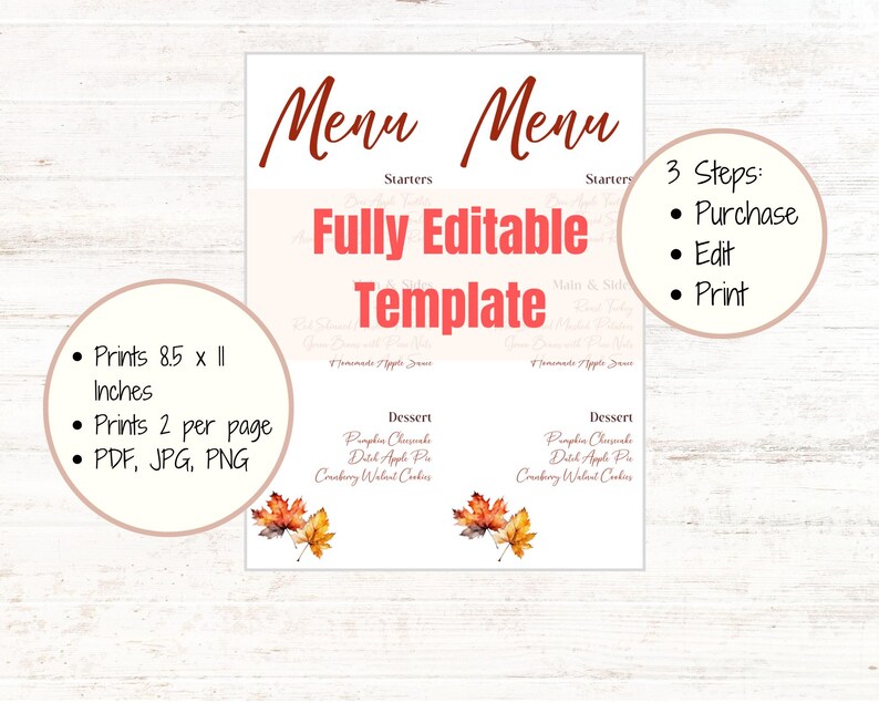 Fall Menu Template for Thanksgiving, Wedding or Other Dinner Party With ...