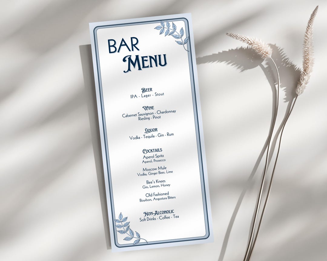 Botanical Dusty Blue Bar Menu Template Cocktail Drink Sign for Wedding ...