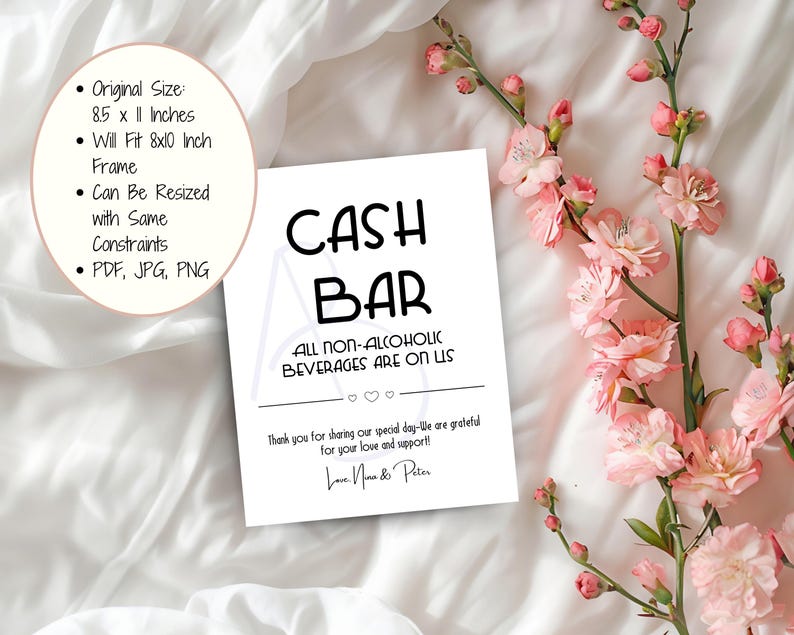 Cash Bar Sign Template for Wedding Reception or Other Celebration in ...