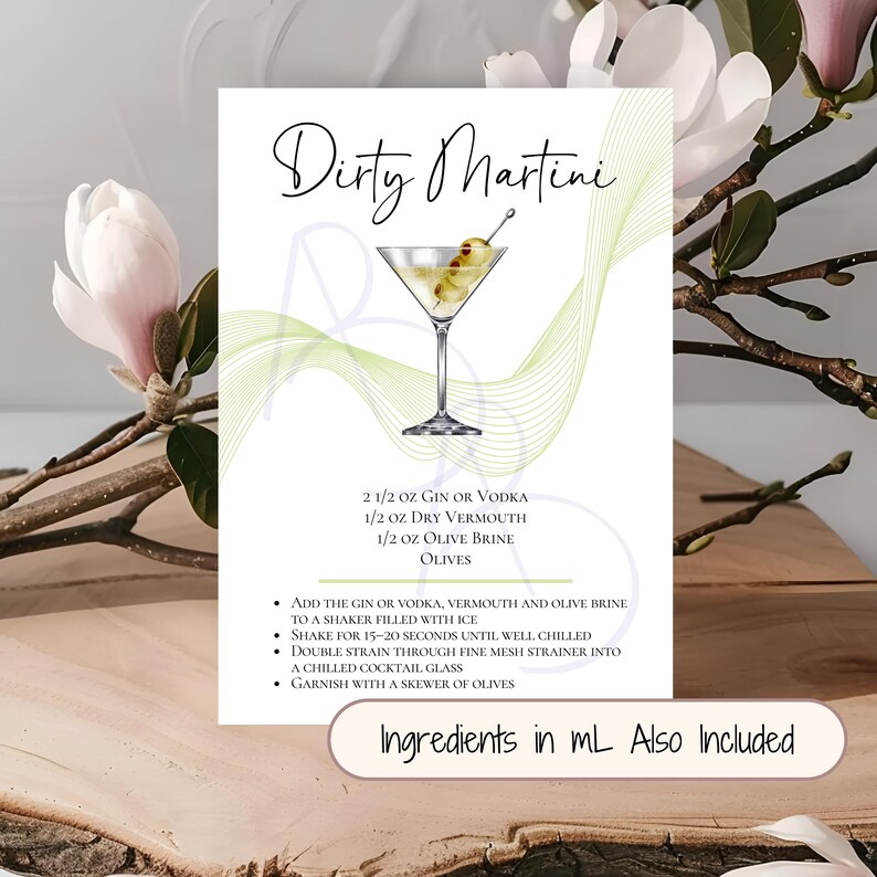 Dirty Martini Print, Recipe Card for Bar Cart Art, Housewarming Gift ...