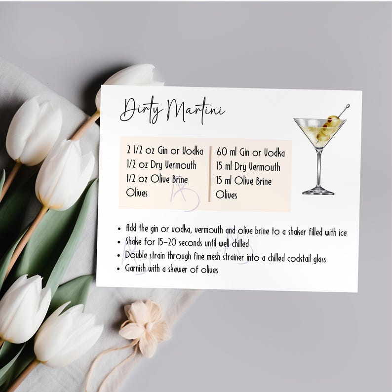 Dirty Martini Recipe Card for Bachelor Gift, Birthday Gift, Bar Cart ...