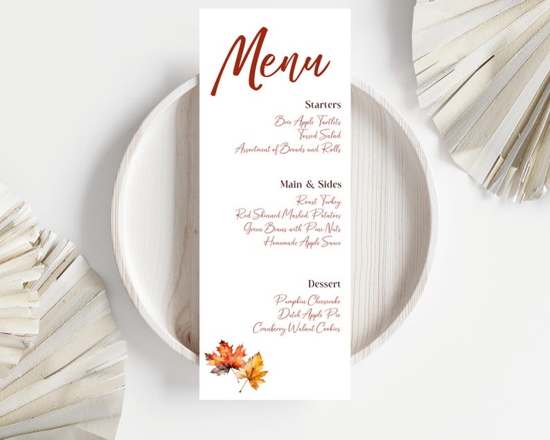 Fall Menu Template for Thanksgiving, Wedding or Other Dinner Party With ...
