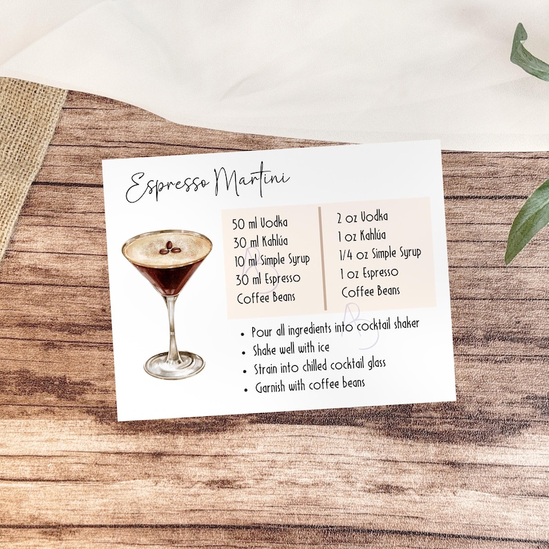 Espresso Martini Recipe Card for Bachelorette Party Favor, Bar Cart Art ...