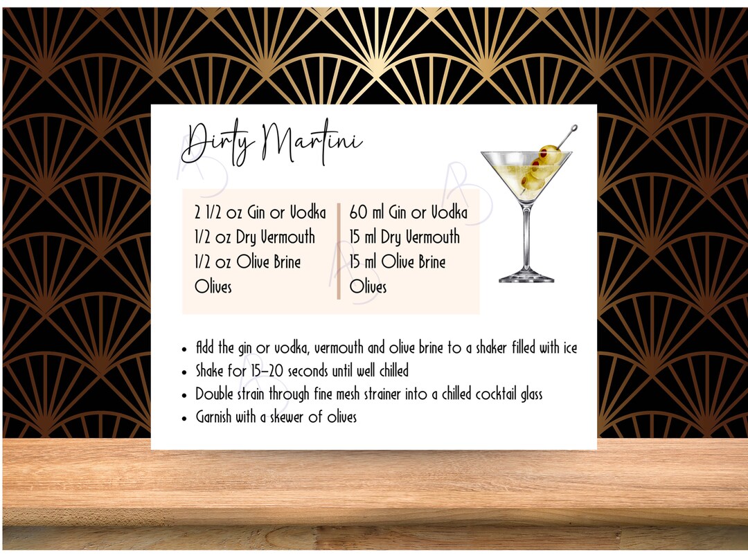 Dirty Martini Recipe Card for Bachelor Gift, Birthday Gift, Bar Cart ...