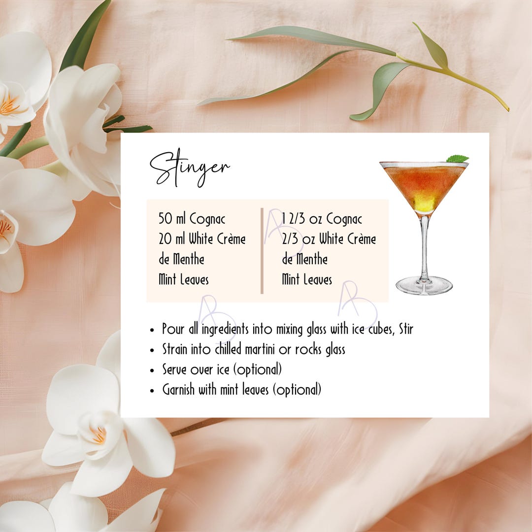 Stinger Cocktail Recipe Card for Dinner Party Favor, Housewarming Gift ...