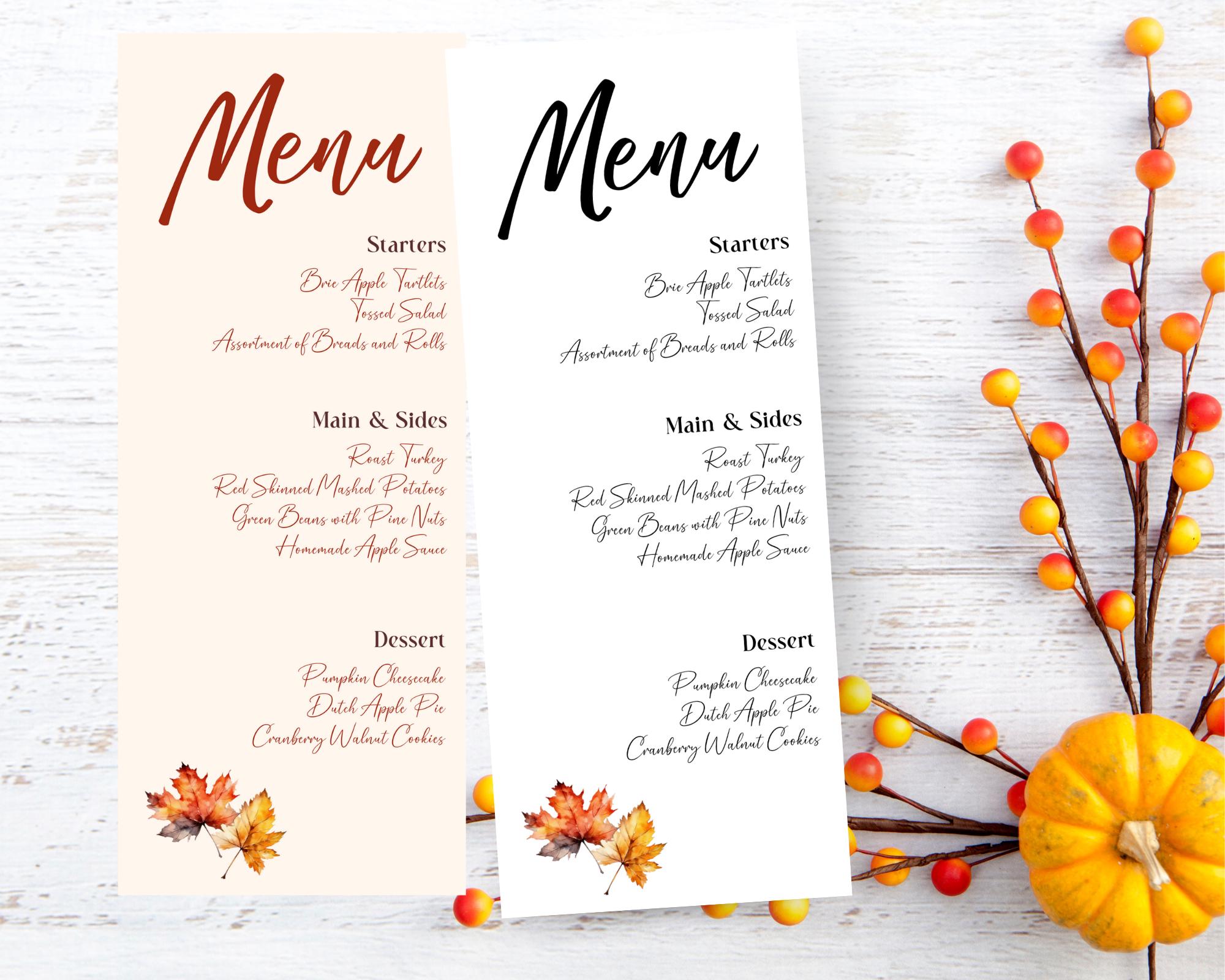 Fall Menu Template for Thanksgiving, Wedding or Other Dinner Party With ...