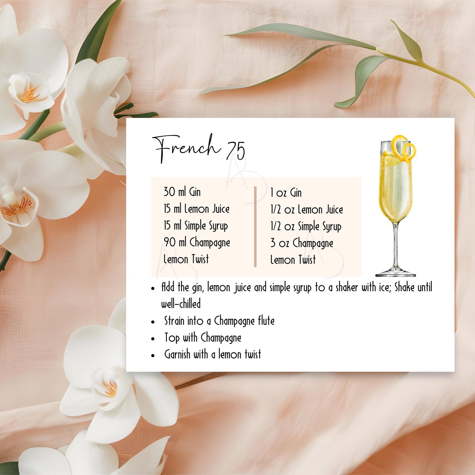French 75 Cocktail Recipe Card for Bachelorette Party Favor, Cocktail ...