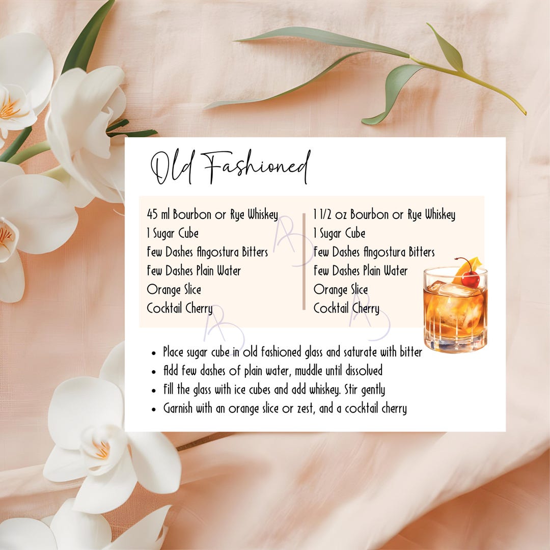 Old Fashioned Cocktail Recipe Card for Bachelor Party Favor, Birthday ...