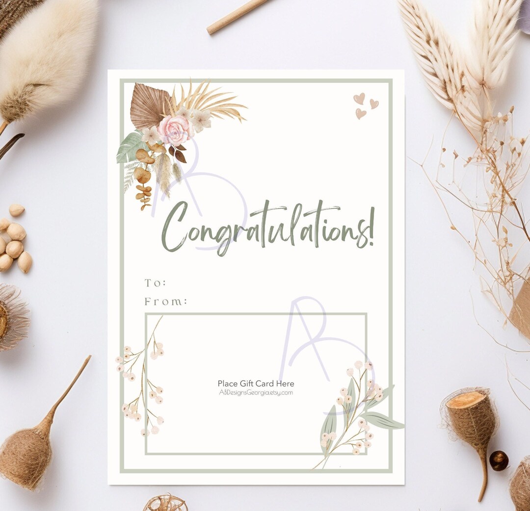 Congratulations Gift Card Holder With Boho Floral Design, Instant Print ...