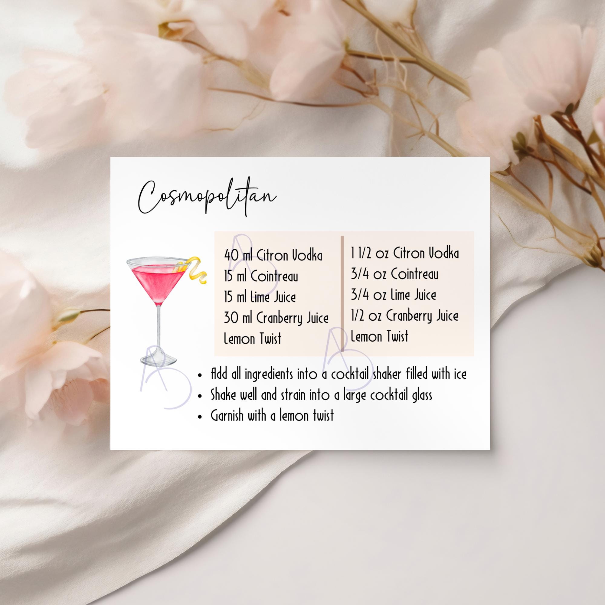 Cosmopolitan Recipe Card for Bachelorette Gift, Bar Cart Accessory, and ...