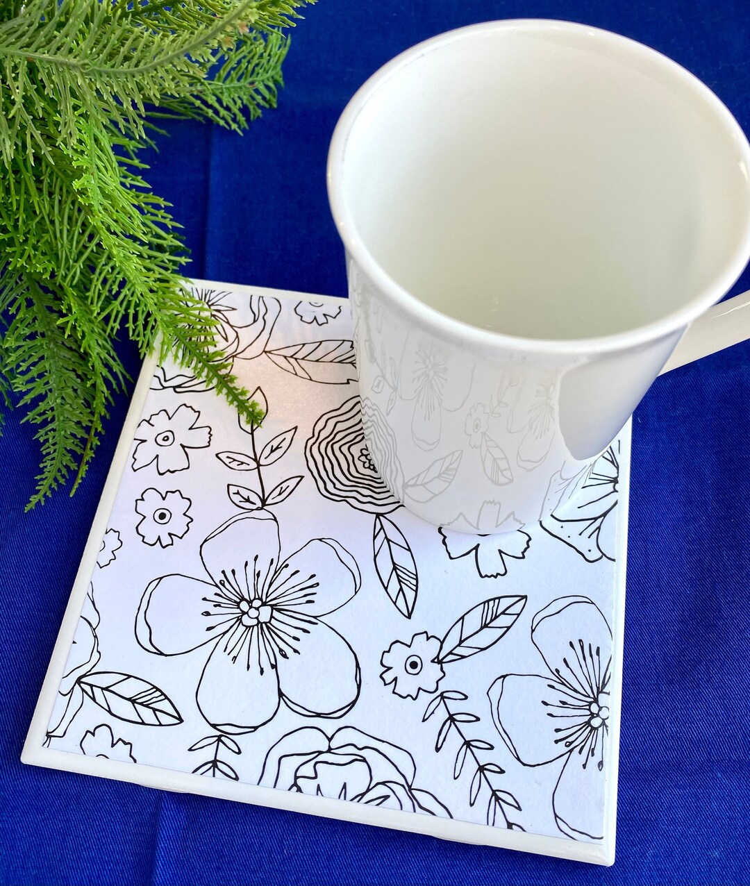 Extra Large Coaster With Pen and Ink Line Flowers for Modern Decor, 6 ...