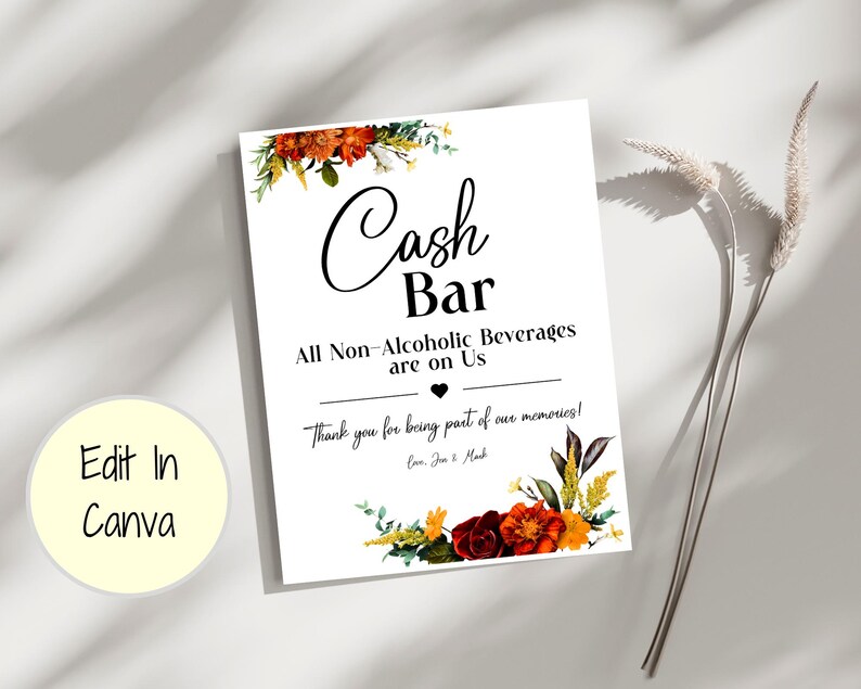 Editable Fall Cash Bar Sign Template for Wedding, Anniversary or Other ...