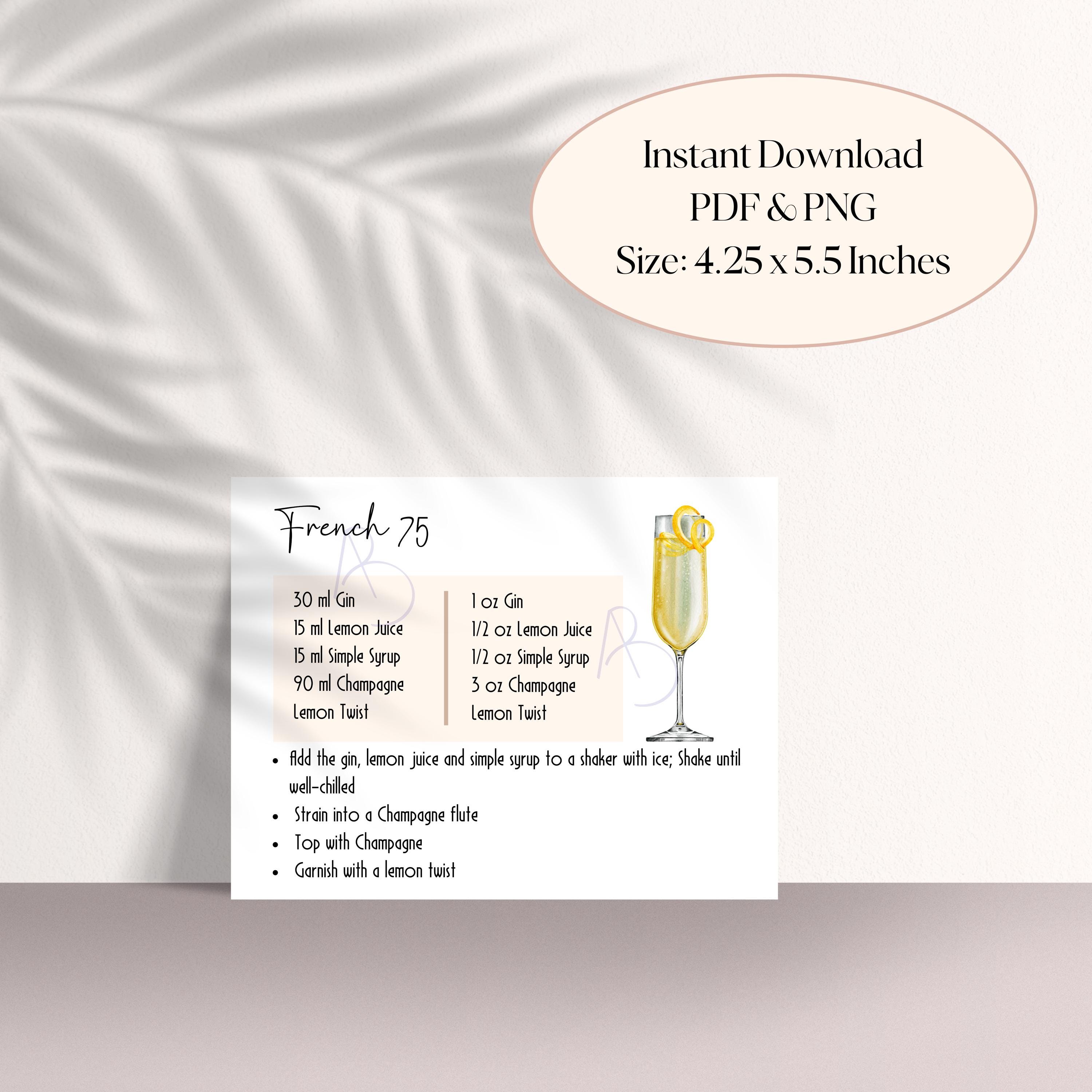 French 75 Cocktail Recipe Card for Bachelorette Party Favor, Cocktail ...