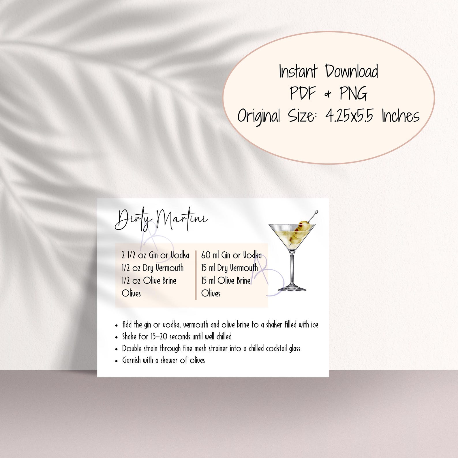 Dirty Martini Recipe Card for Bachelor Gift, Birthday Gift, Bar Cart ...