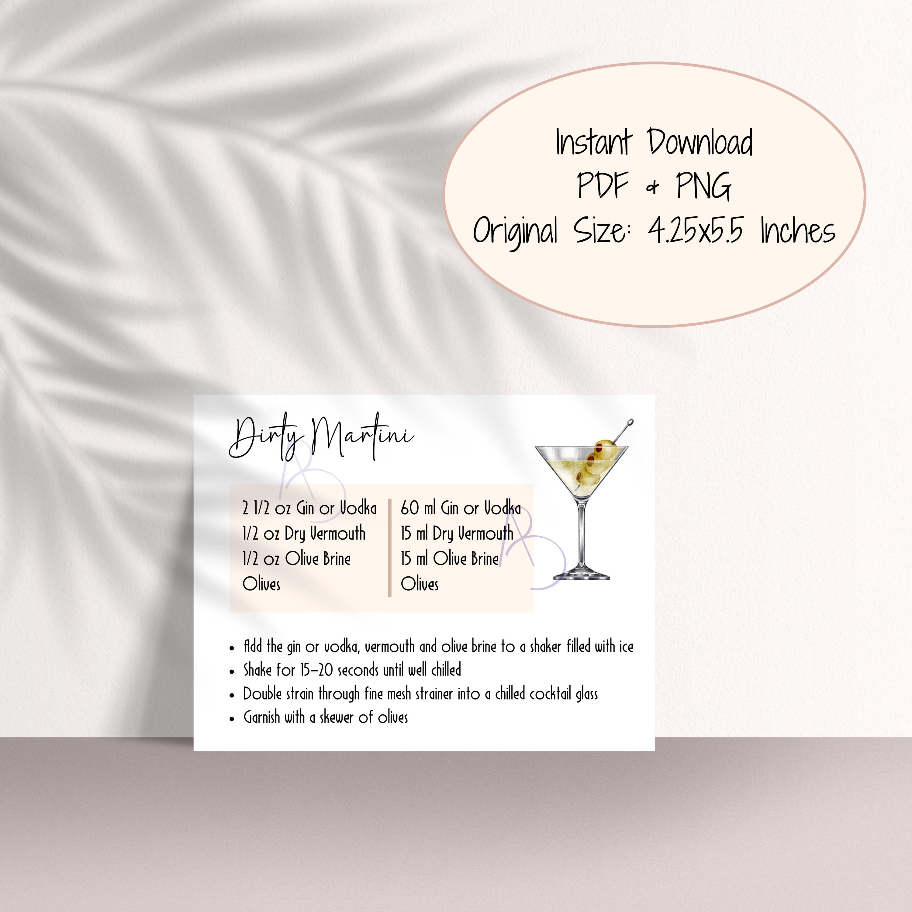 Dirty Martini Recipe Card for Bachelor Gift, Birthday Gift, Bar Cart ...