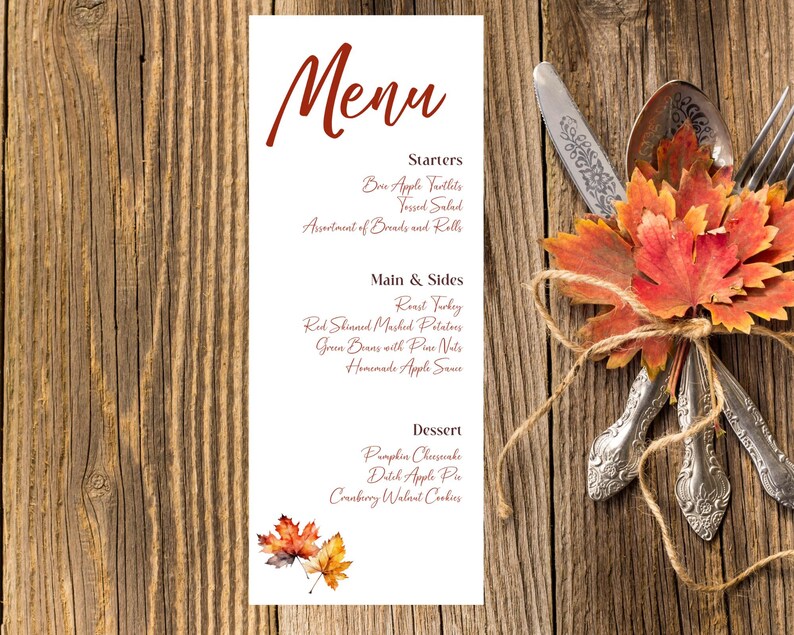 Fall Menu Template for Thanksgiving, Wedding or Other Dinner Party With ...